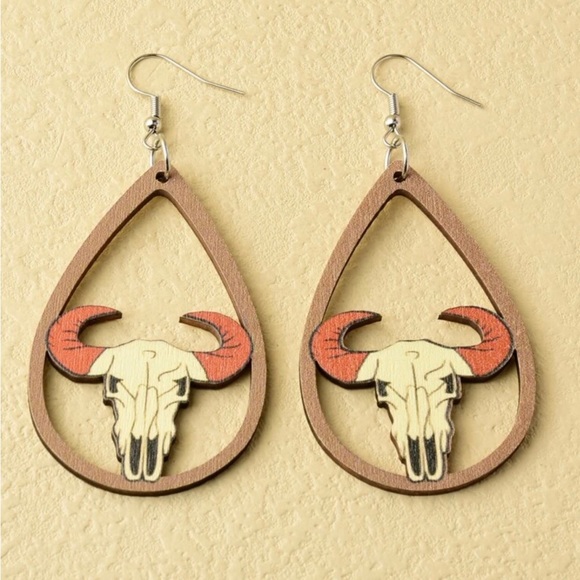 Jewelry | Longhorn Wood Skull Steer Cattle Cow Cutout Teardrop Western ...